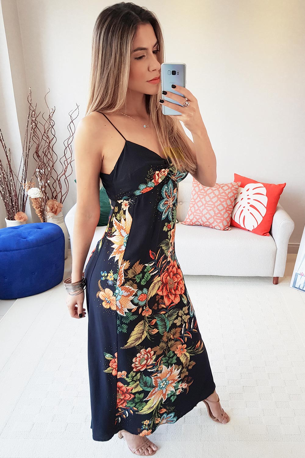 Vestido Longo Farm Primavera Floral Preto Babadotop